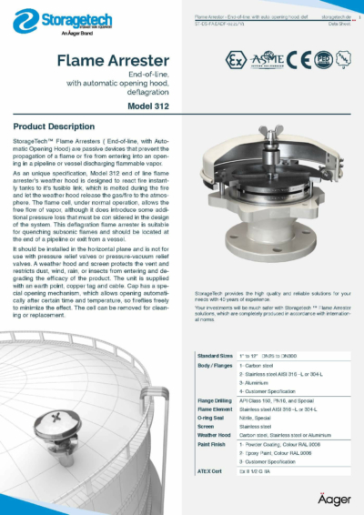End-of-line, with Automatic Opening Hood, Deflagration Flame Arrestor ...