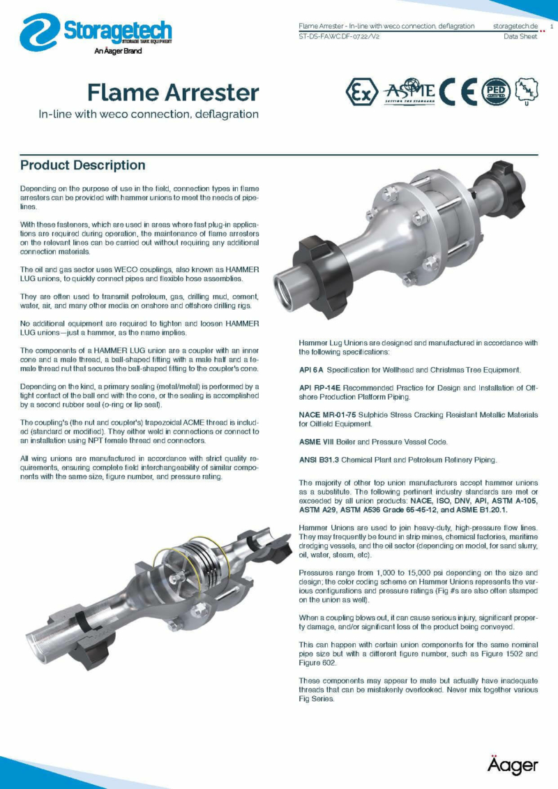 In-line with Weco Connection, deflagration flame arrestor - Flame ...